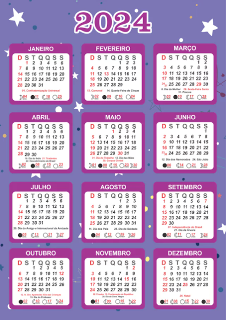 Calendário 2024 com Feriados para Imprimir 10 Modelos